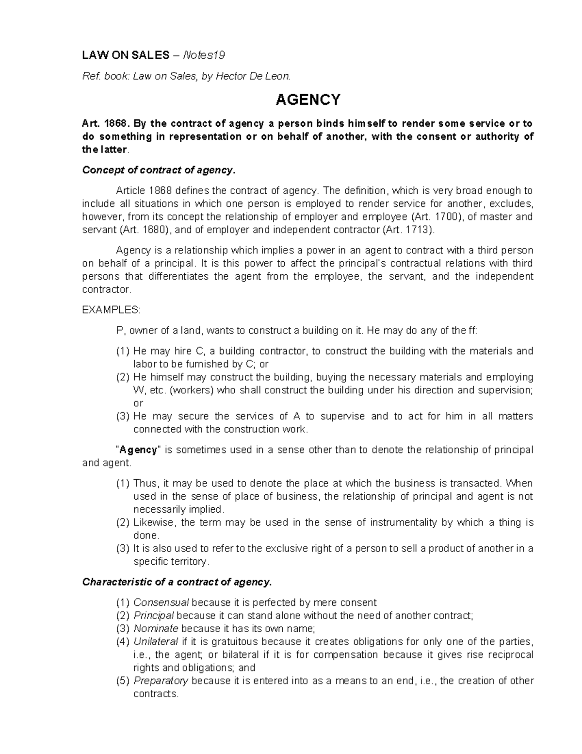 Law-on-agency compress - LAW ON SALES – Notes Ref. book: Law on Sales ...