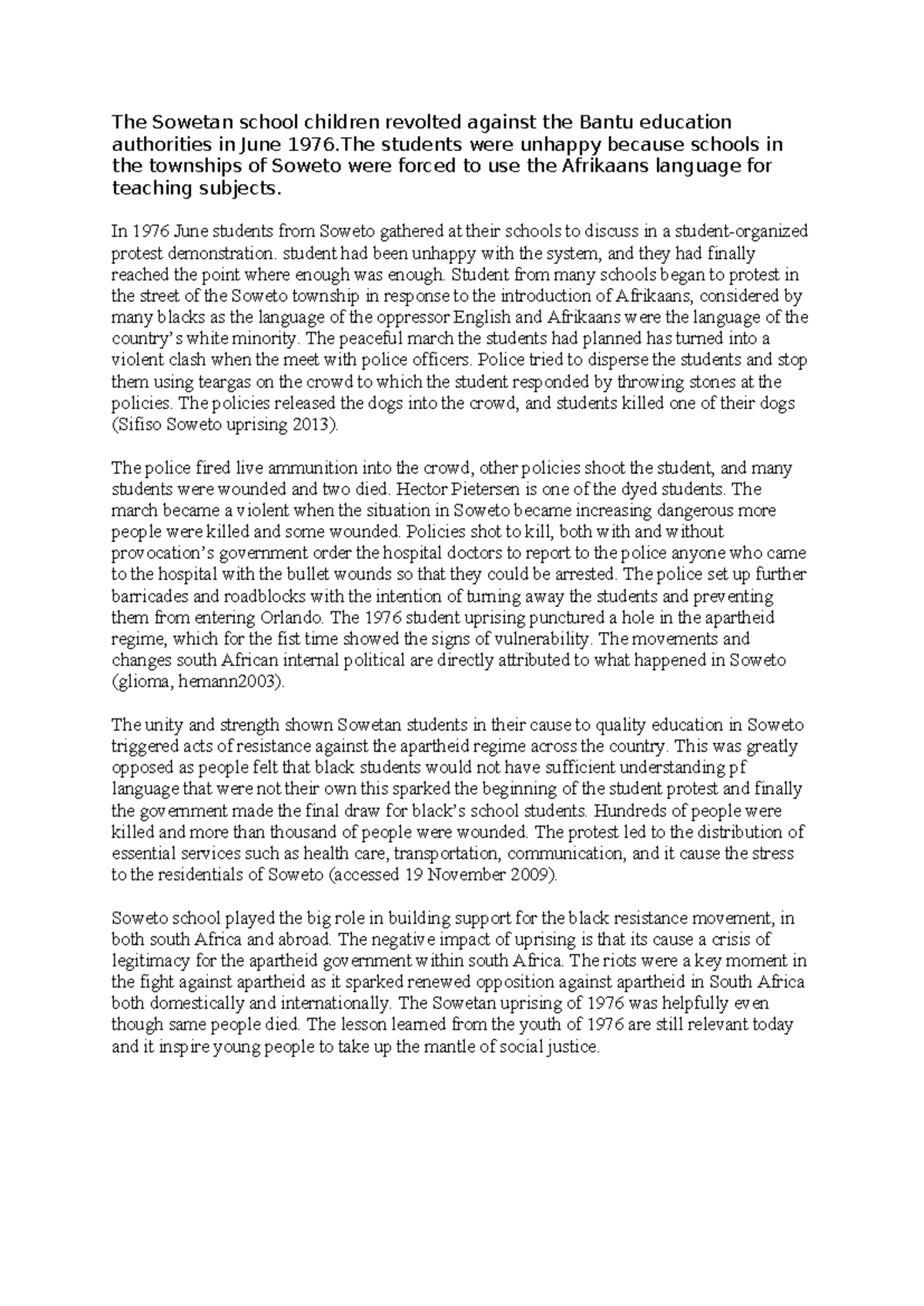 Academic short explaination essay - The Sowetan school children ...