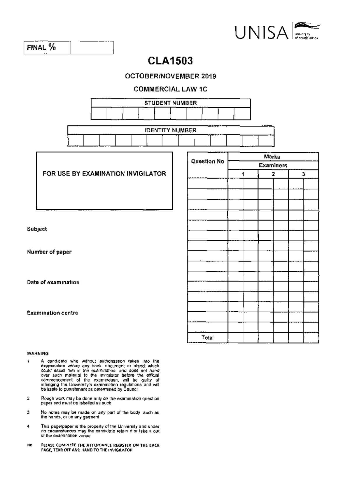 CLA1503 Exam 2019 - CLA1503 - Studocu