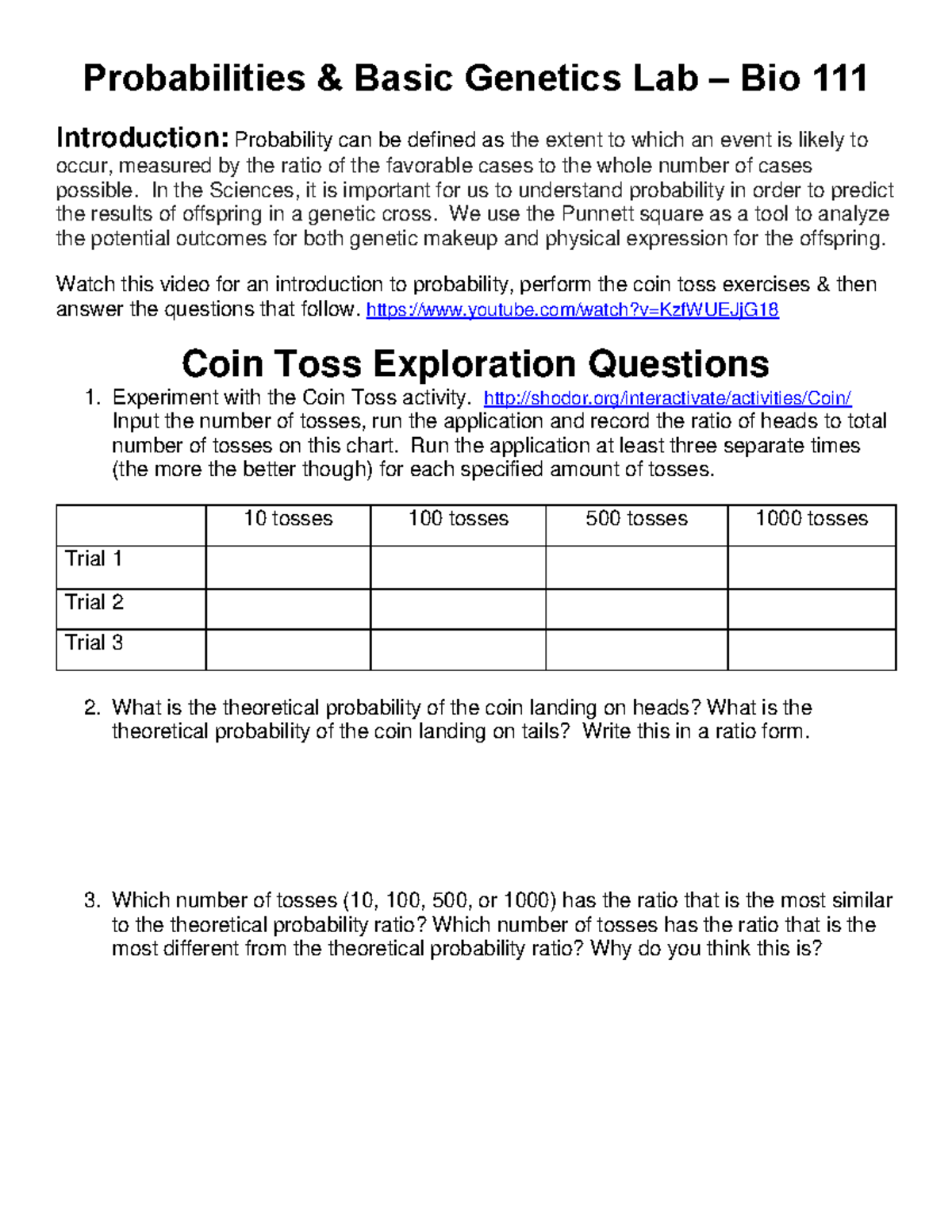 Lab 11 Probability & Basic Genetics - Probabilities & Basic Genetics ...