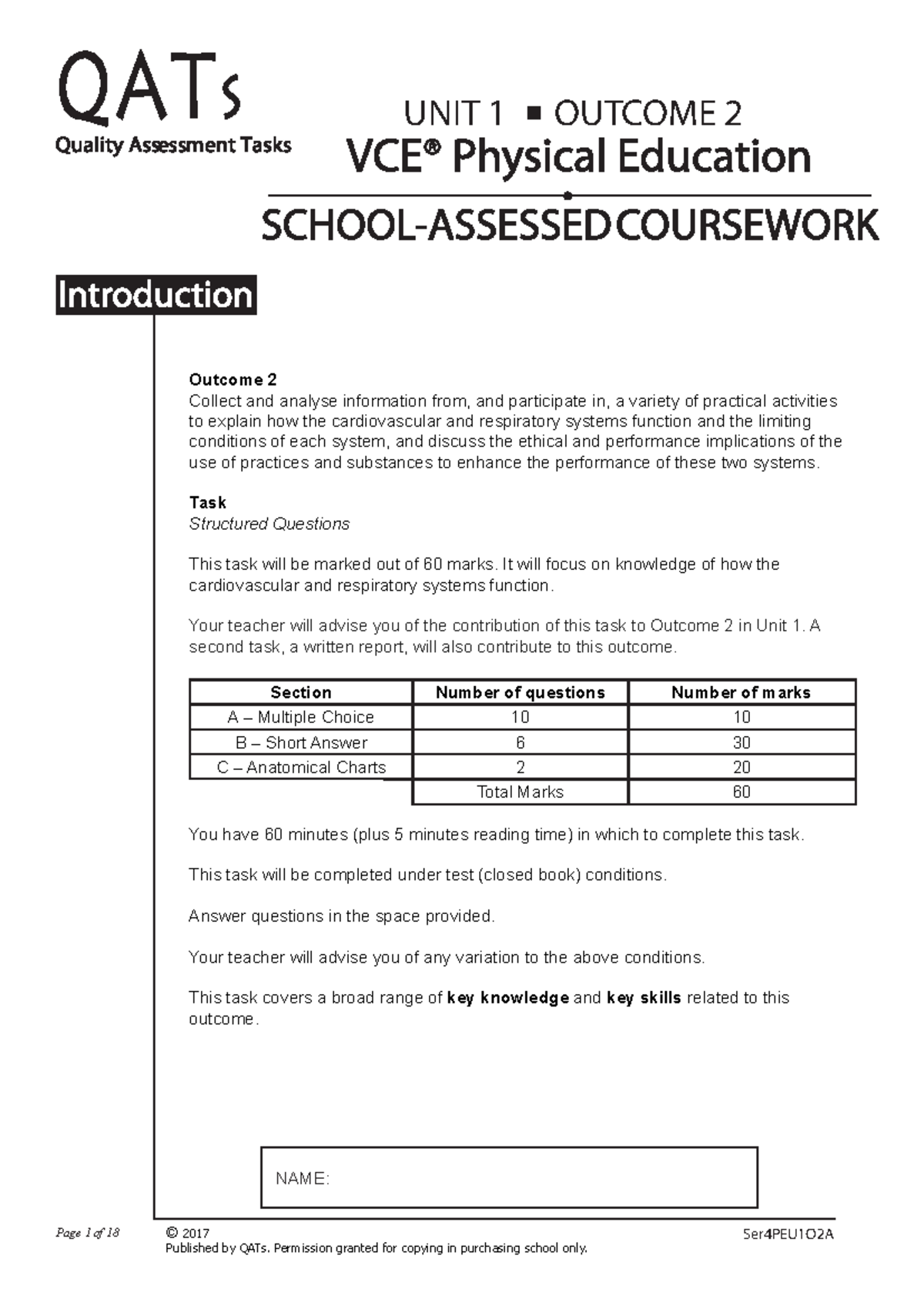 2022 VCE PE Unit 1 Cardiorespiratory SAC - © 2017 NAME: UNIT 1 OUTCOME ...