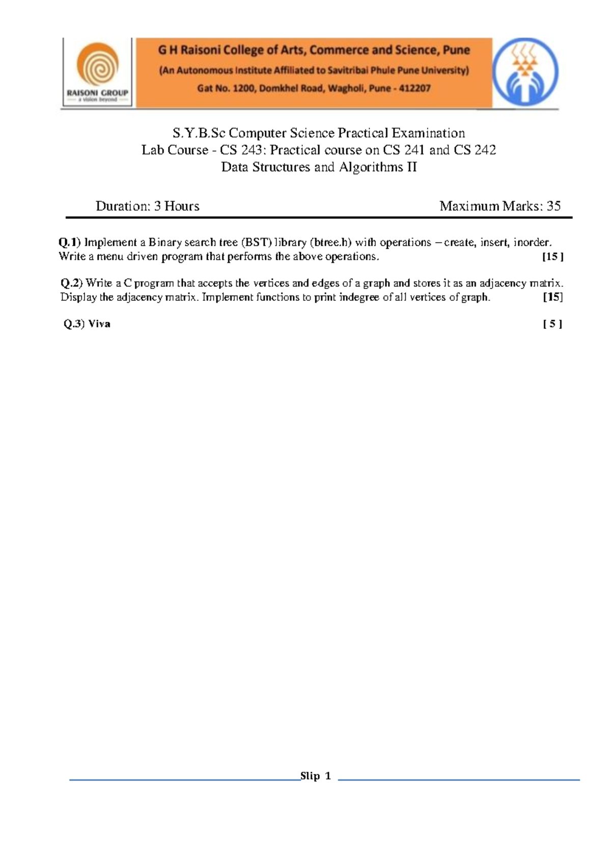 Sy Bsc Cs Slips Lab Course Cs 243 Practical Course On Cs 241 And Cs 242 Data Structures And