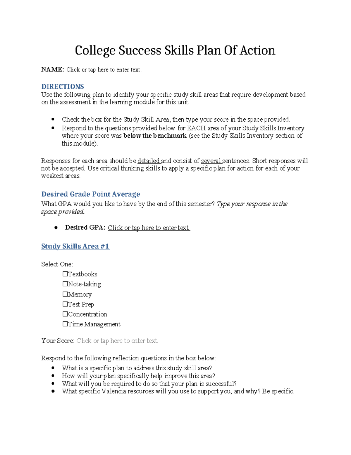 College Success Skills Plan of Action Form - College Success Skills ...