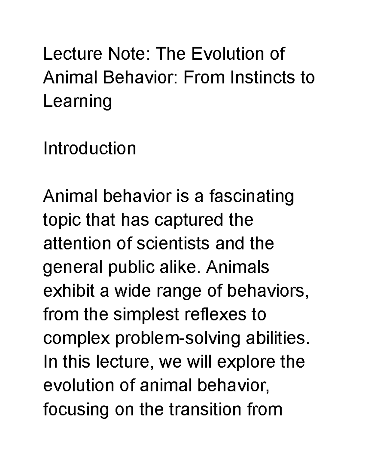 Lecture Note The Evolution of Animal Behavior From Instincts to ...