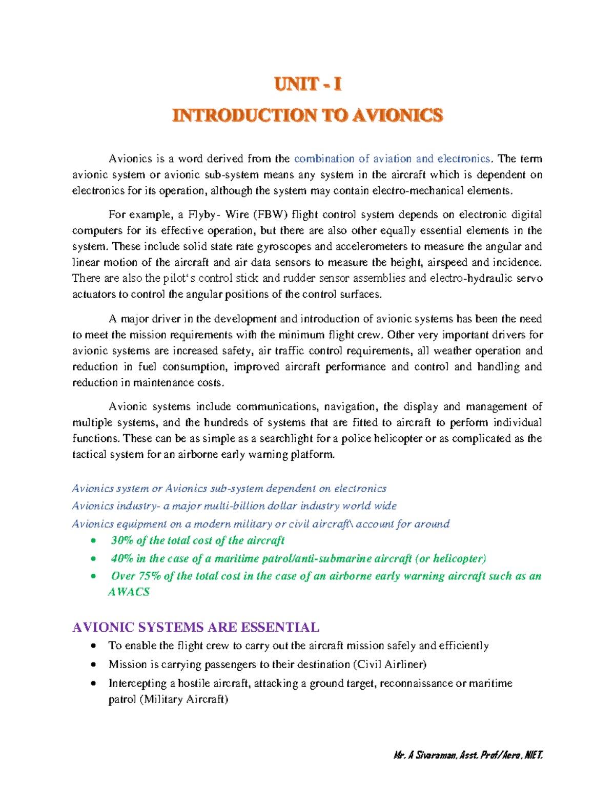 UNIT 1- Introduction TO Avionics - Avionics is a word derived from the ...