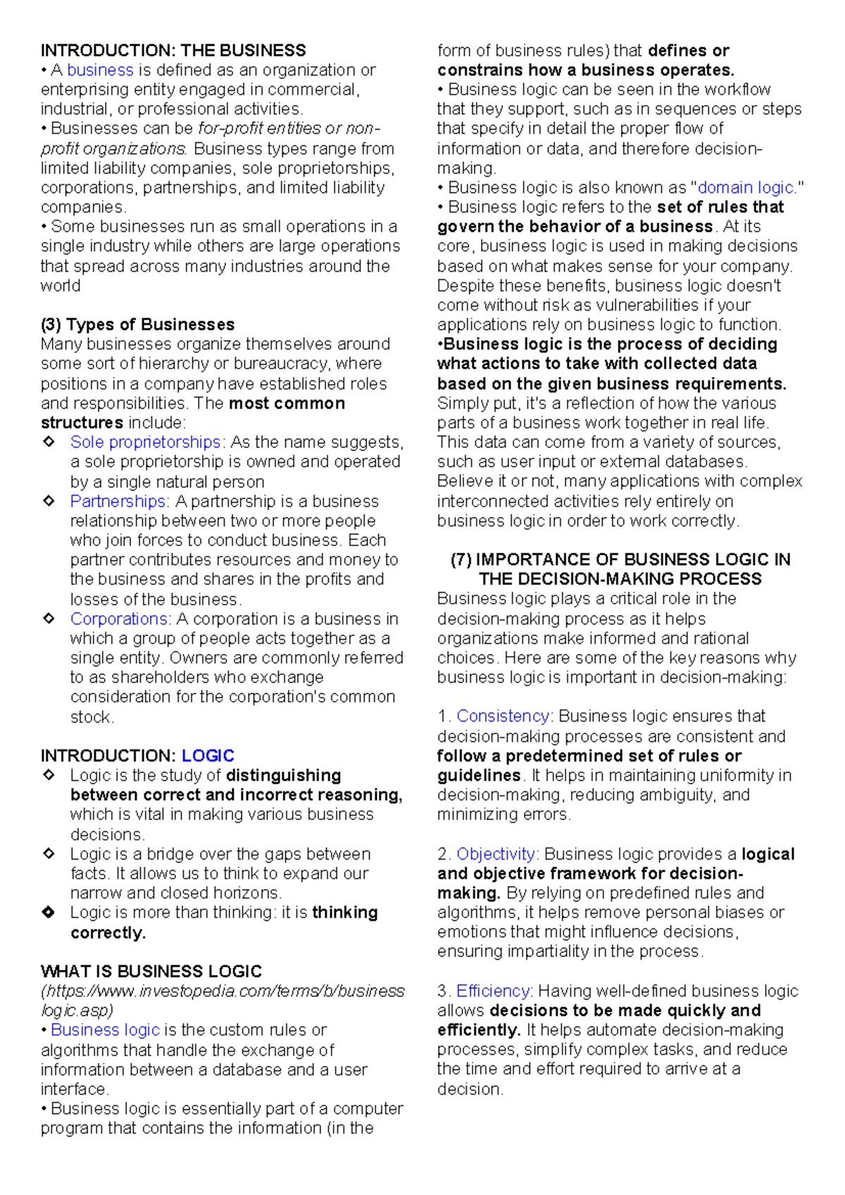 Business Logic Midterm - INTRODUCTION: THE BUSINESS A business is ...