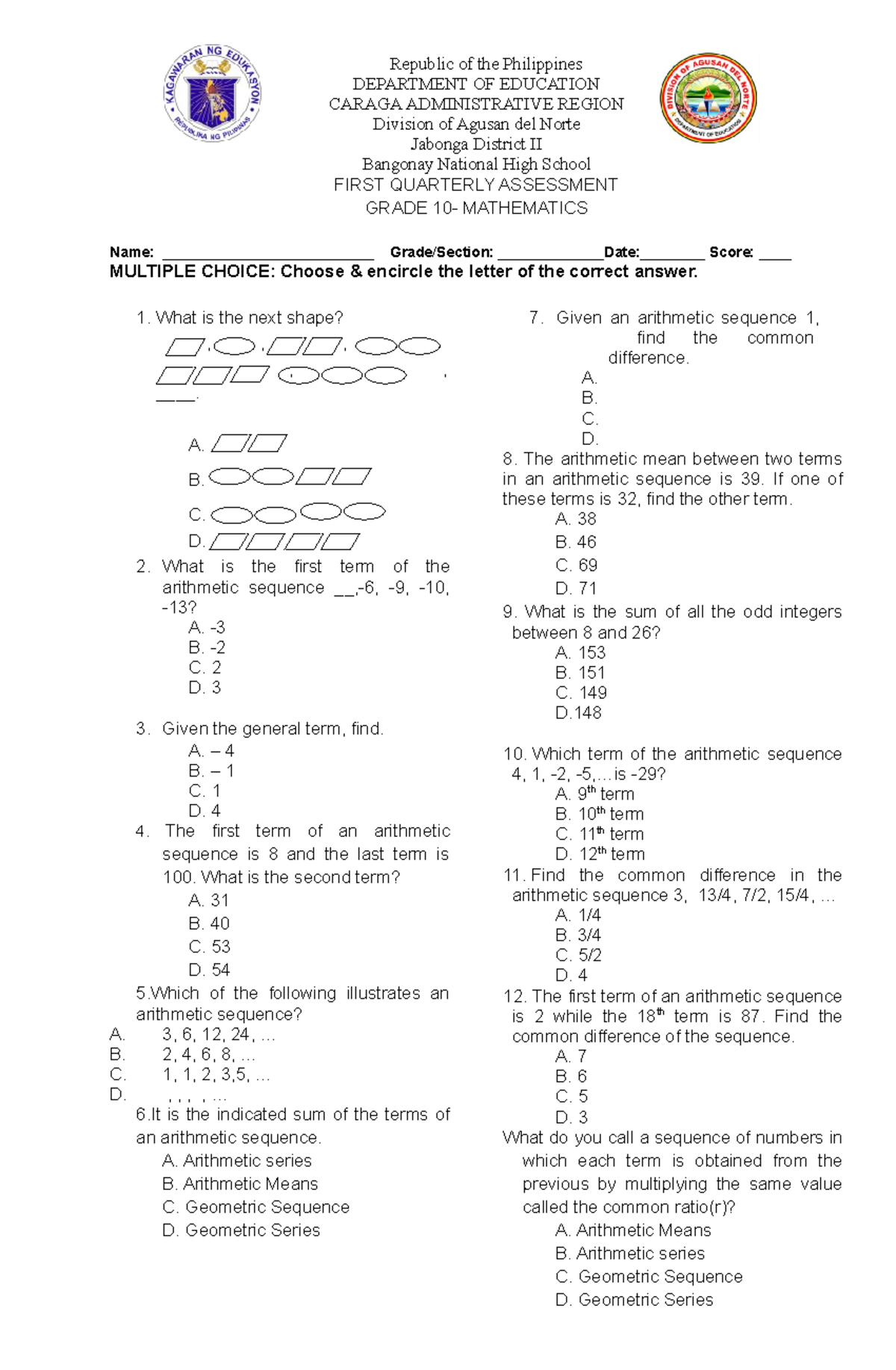 MATH 9 EXAMINATION - Republic of the Philippines DEPARTMENT OF ...