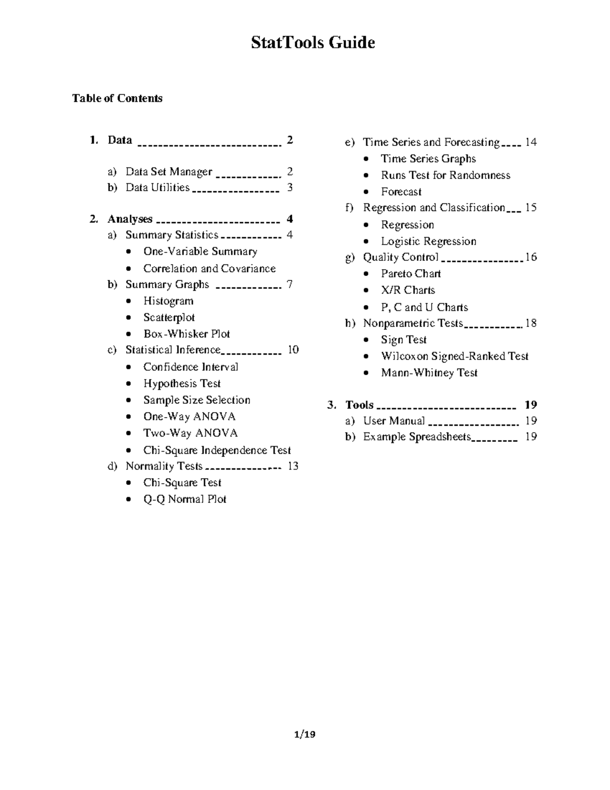 Stat Tools instructions - StatTools Guide Table of Contents Data 2 a) Data Set Manager 2 b) Data ...