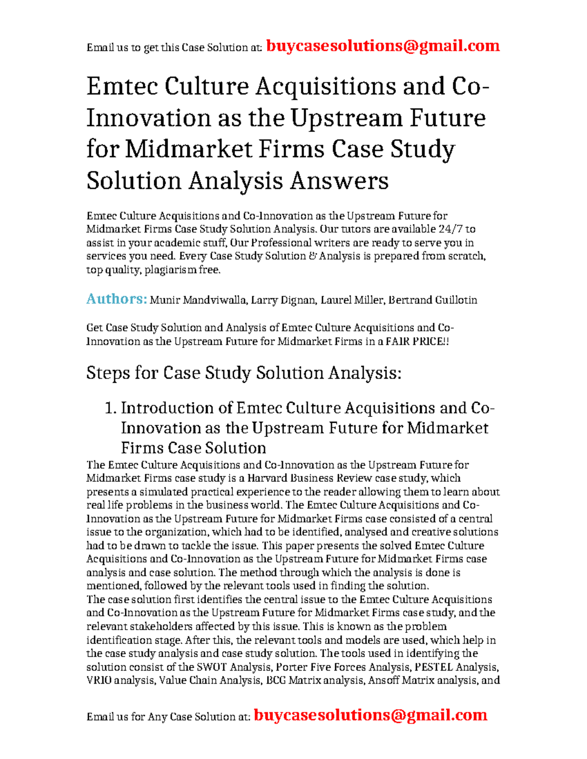 Case Solution Emtec Culture Acquisitions and Co-Innovation as the Upstream Future for Midmarket ...