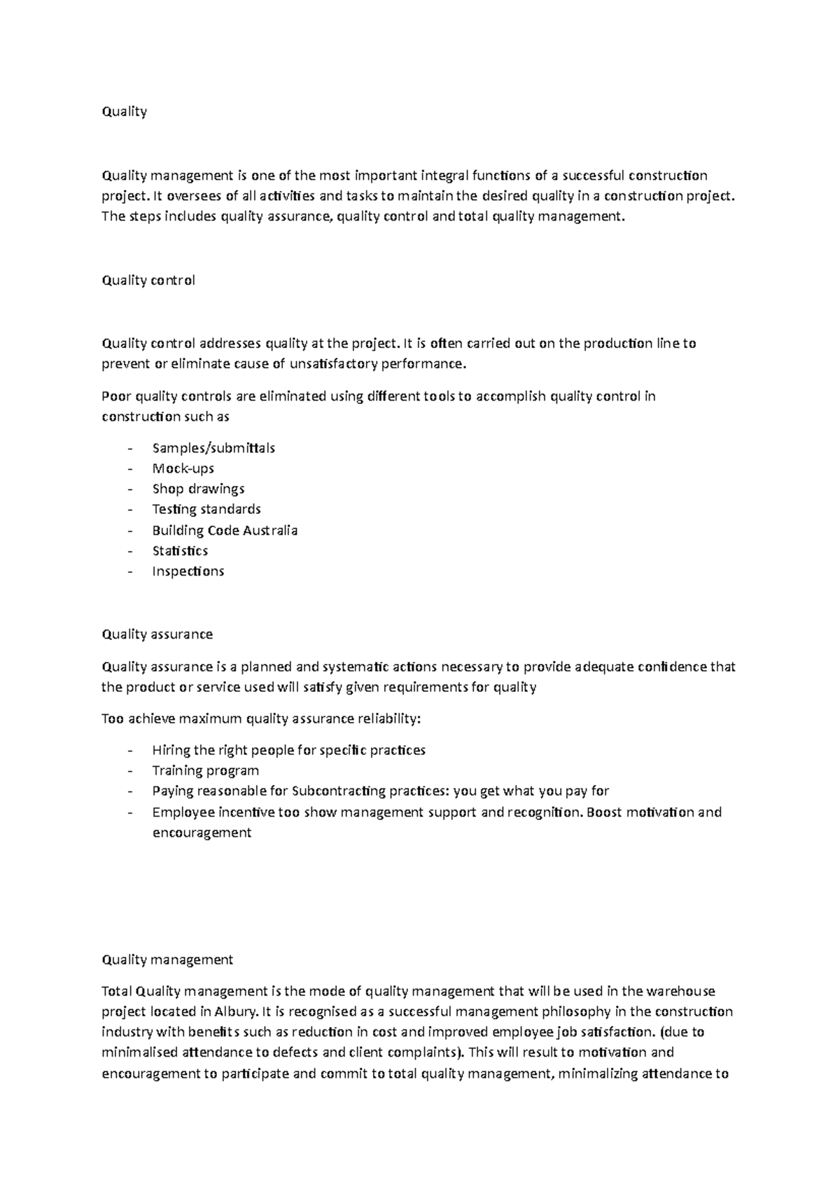 Quality - Lecture notes 1 - Quality Quality management is one of the ...