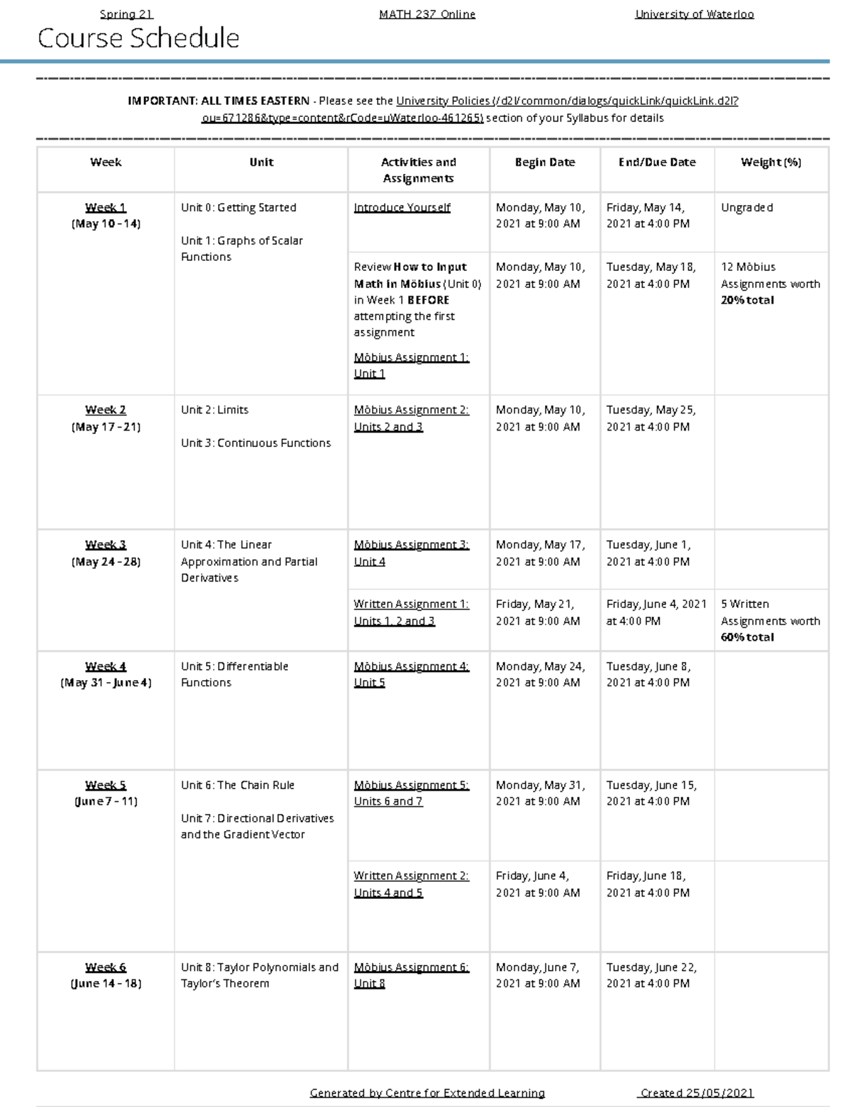 1215 Syllabus MATH 237 - Course Schedule IMPORTANT: ALL TIMES EASTERN ...