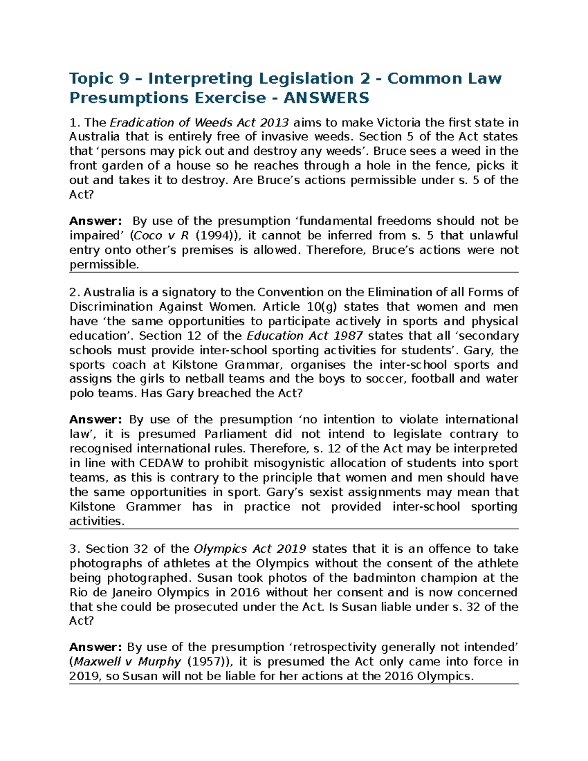 Answers Common Law Presumptions Exercise - Topic 9 – Interpreting ...