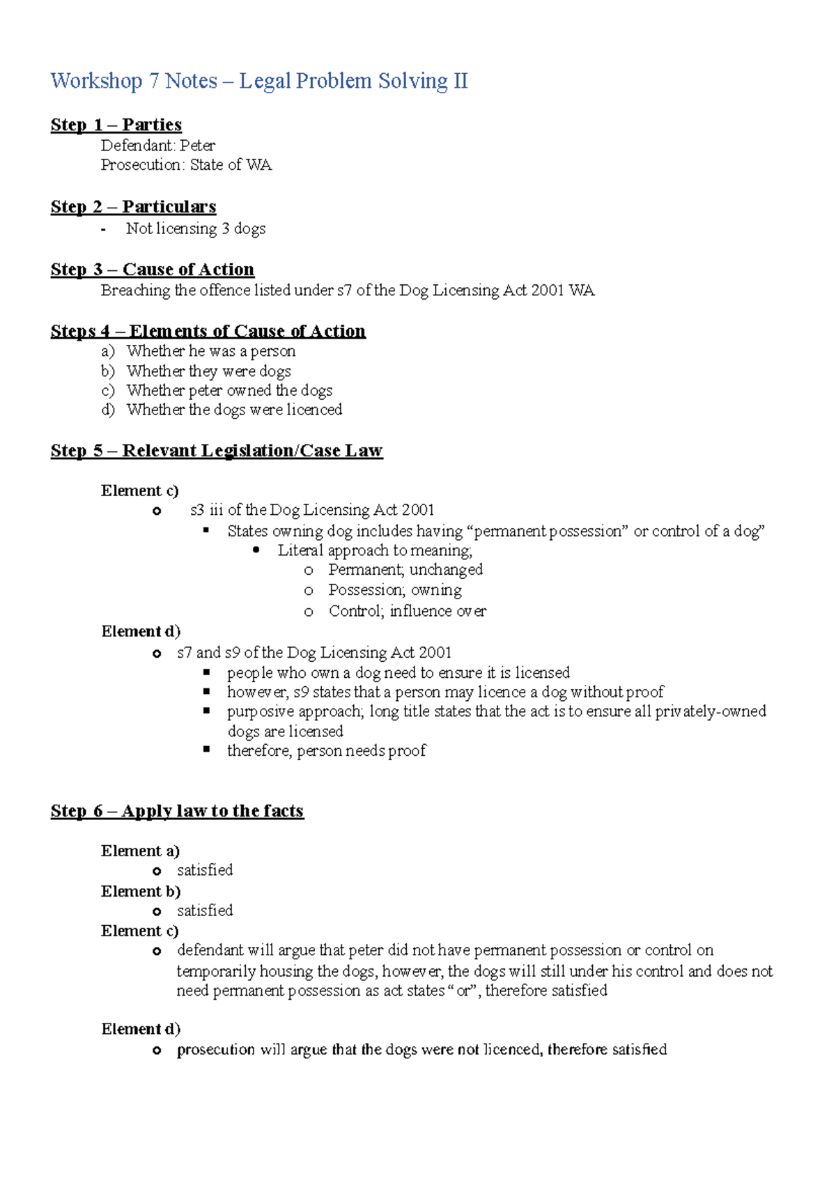 Workshop 7 Notes - Workshop 7 Notes – Legal Problem Solving II Step 1 ...