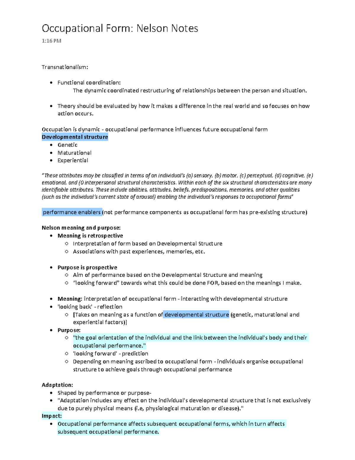 Occupational Science Occupational Form Summary notes ...