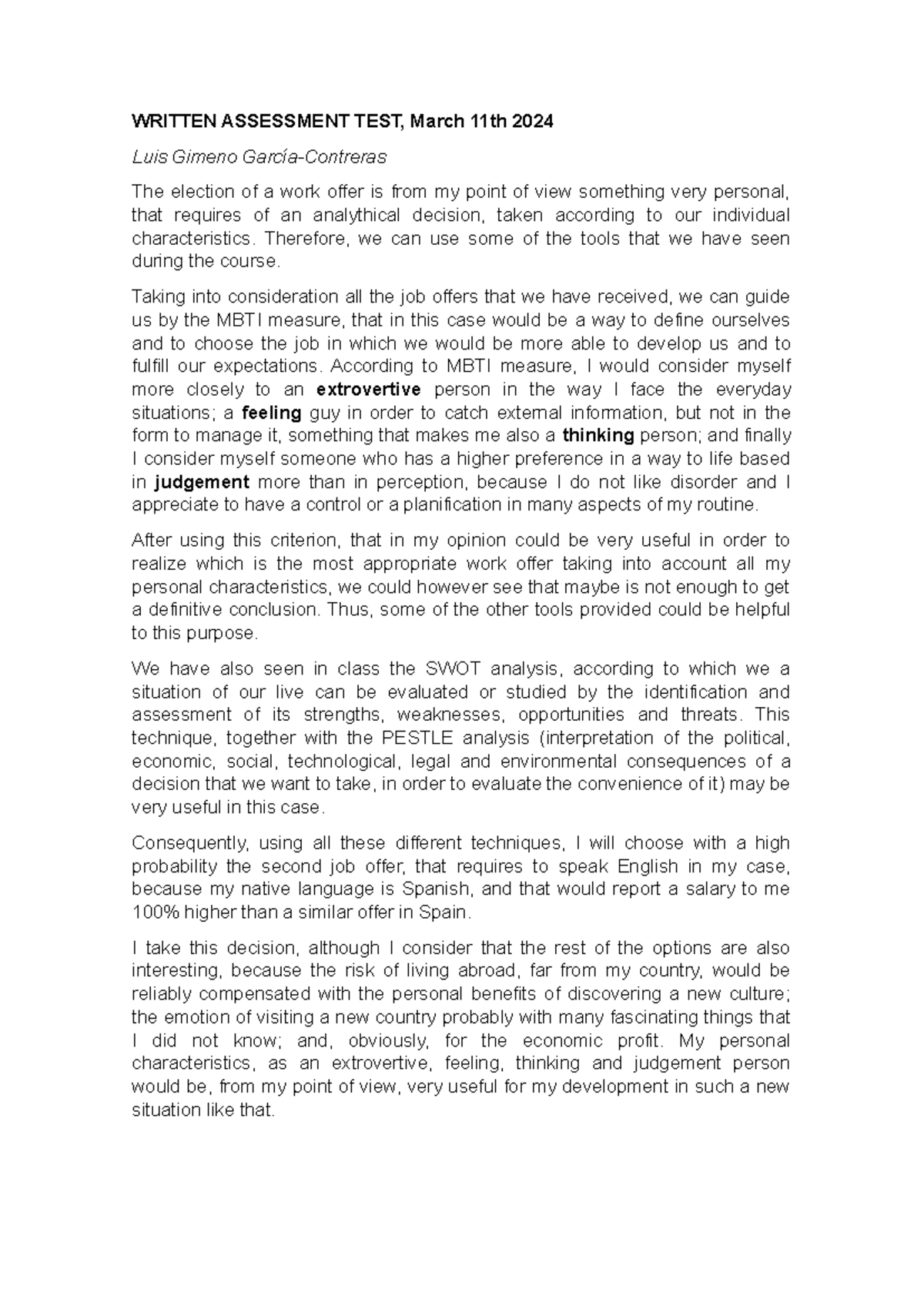 Written assessment test - WRITTEN ASSESSMENT TEST, March 11th 2024 Luis ...