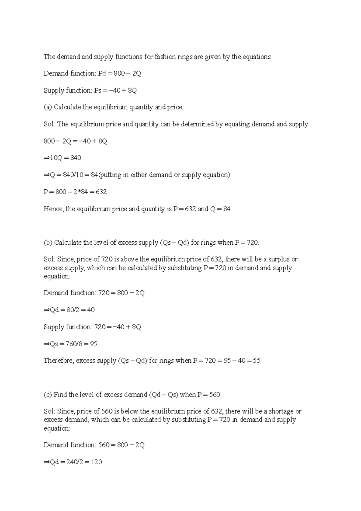 The demand and supply functions with equilibrium price and quantity ...