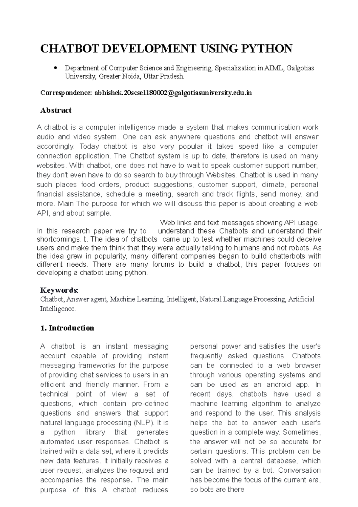 20SCSE1180002( Research) - CHATBOT DEVELOPMENT USING PYTHON Department ...