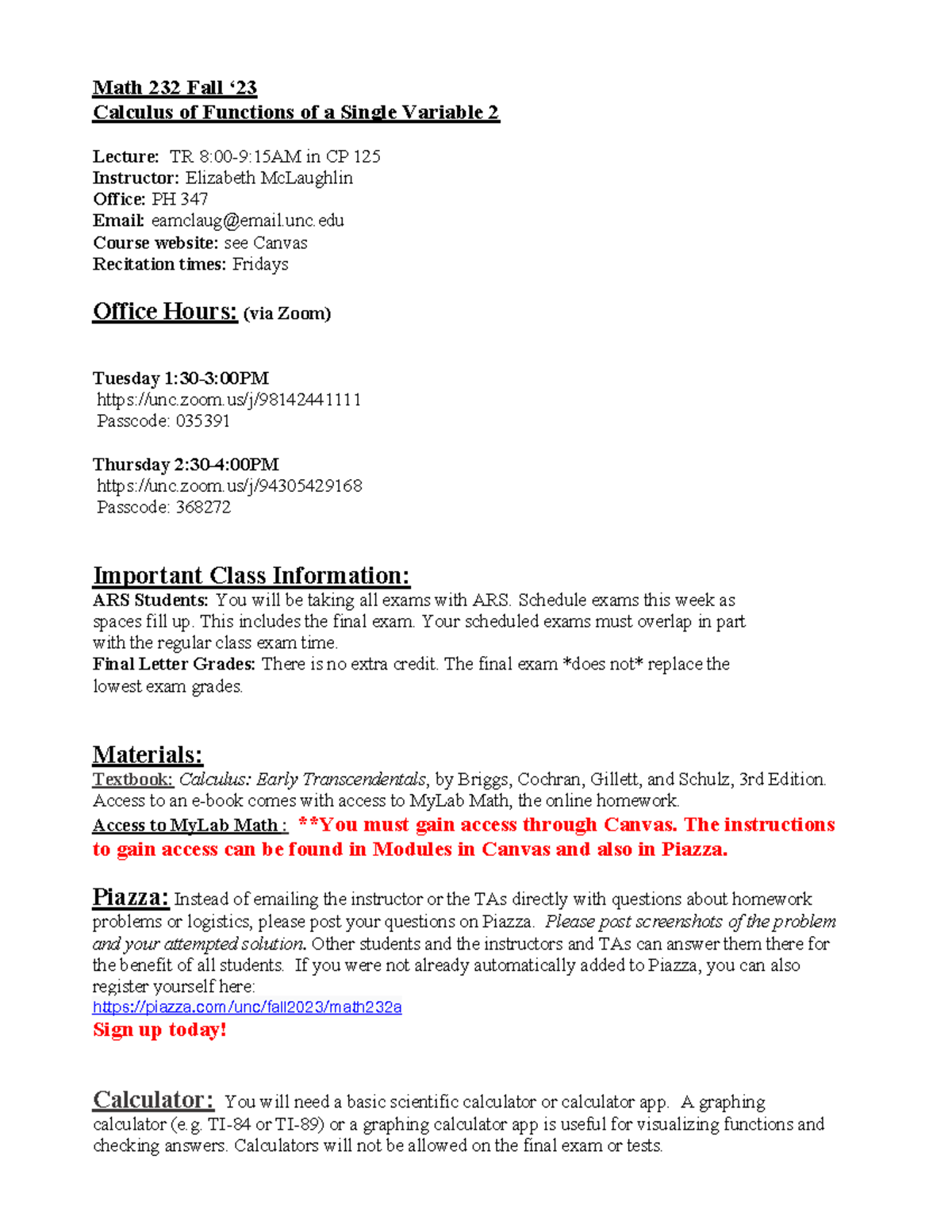 Syllabus 232 Fall '23 -1 - Math 232 Fall ‘ Calculus of Functions of a ...