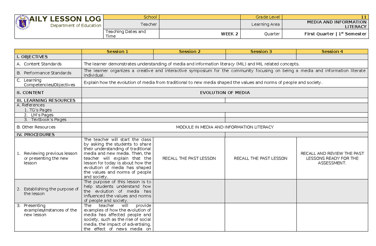 Dll MIL Quarter 1 W EE K 2 - jkoj - DAILY LESSON LOG Department of ...