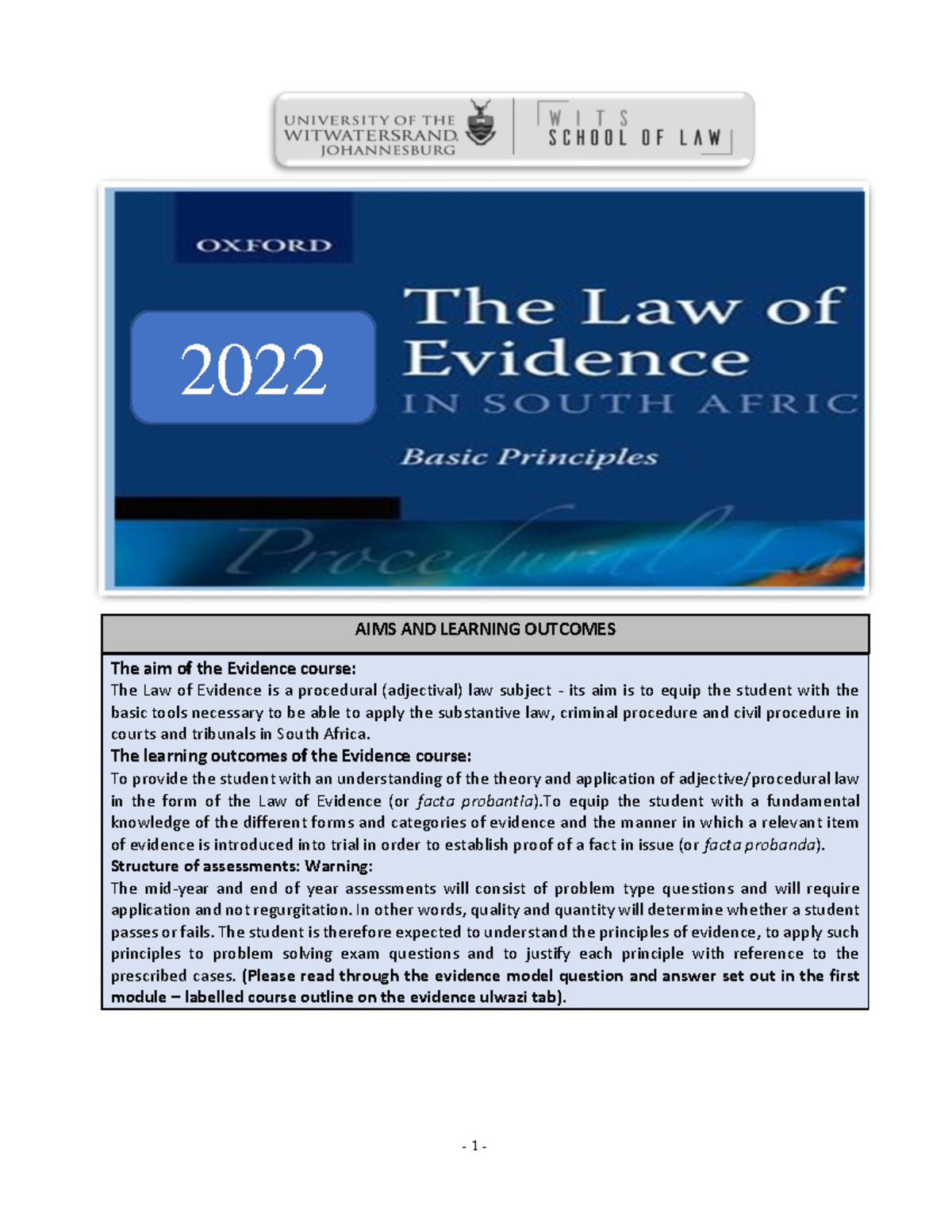 Evidence course outline-2 - 1. Introduction AIMS AND LEARNING OUTCOMES ...