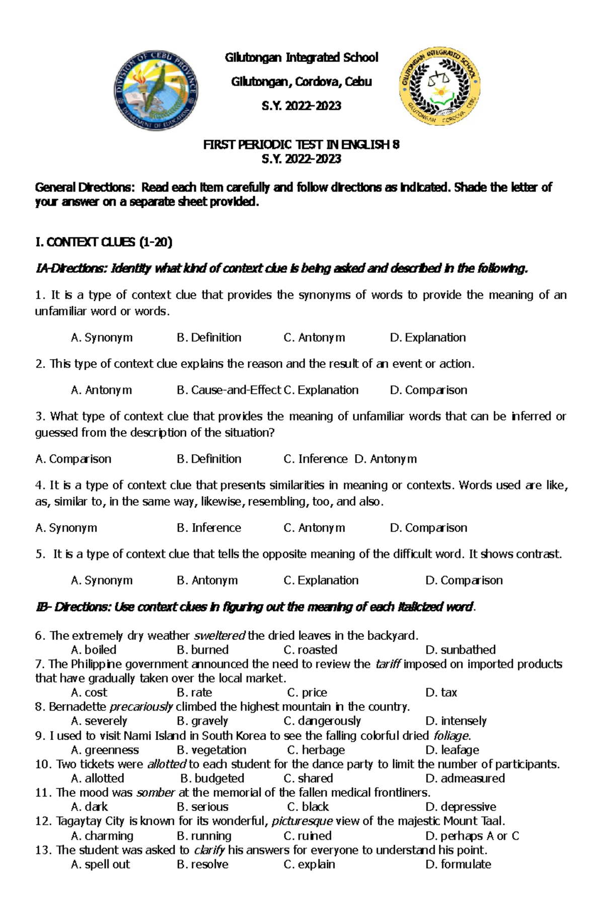 English 8 First QE - 1st quarter exam - Gilutongan Integrated School ...