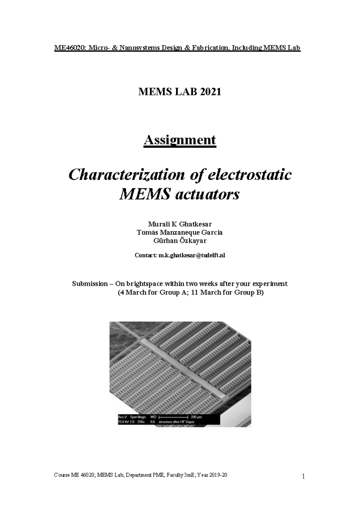 Electrostatic Actuator Memslab 2021 - Course ME 46020; MEMS Lab ...