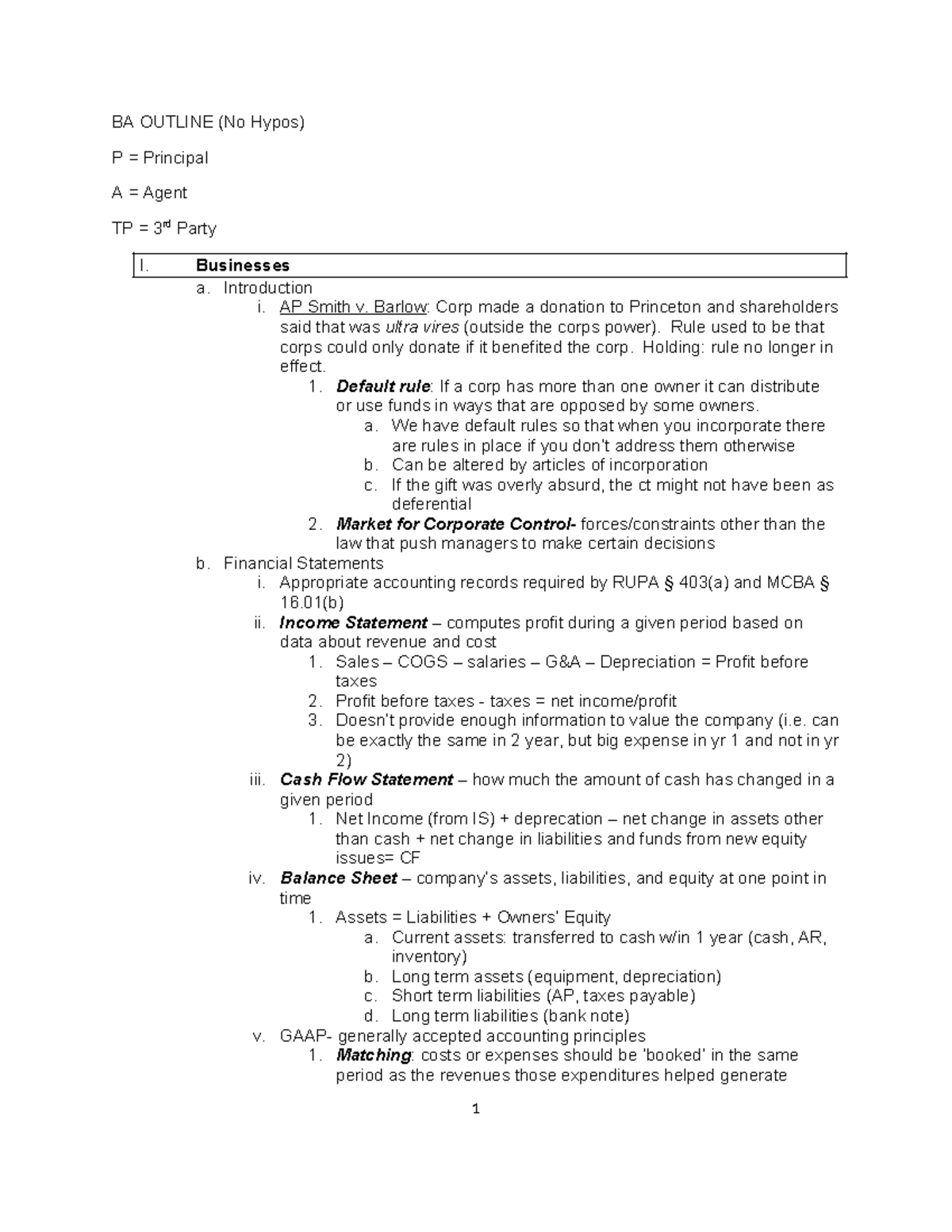 Business Associations Outline - BA OUTLINE (No Hypos) P = Principal A ...