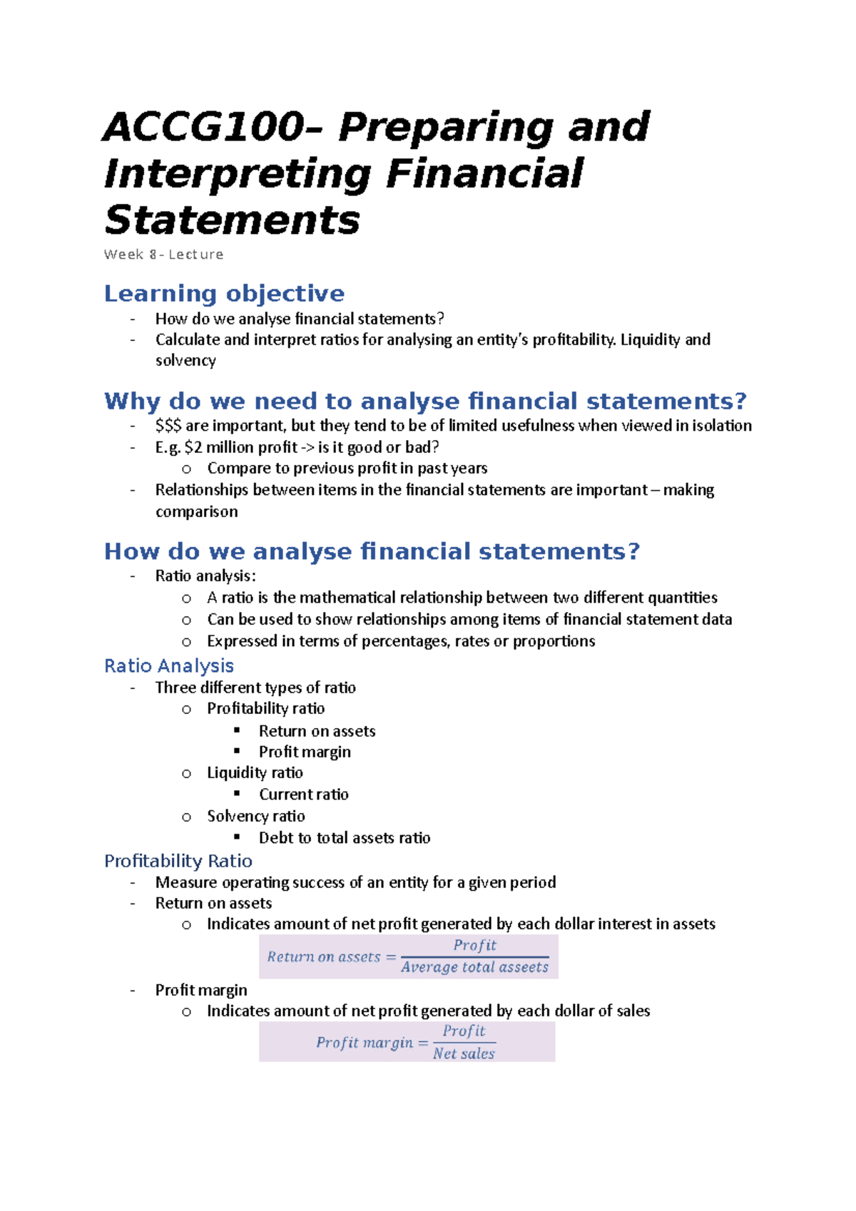 L8 Preparing and Interpreting Financial Statements - ACCG100– Preparing ...