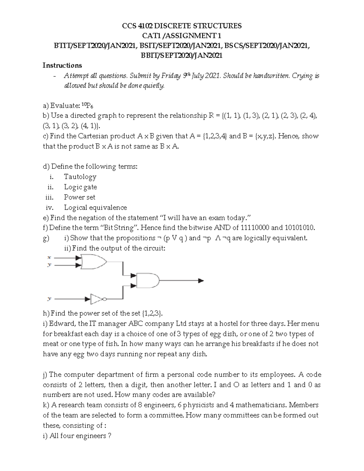 Ccs 4102 Discrete Structures Cat1 Assignment 1 Ccs 4102 Discrete Structures Cat1 Assignment 1