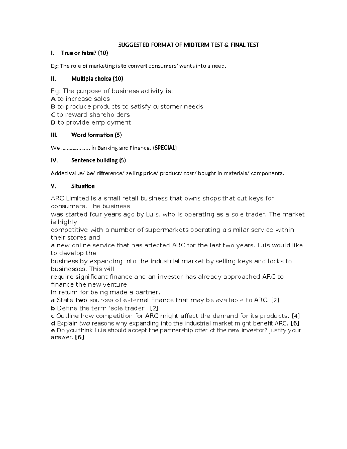 Suggested Format OF Midterm TEST - SUGGESTED FORMAT OF MIDTERM TEST ...
