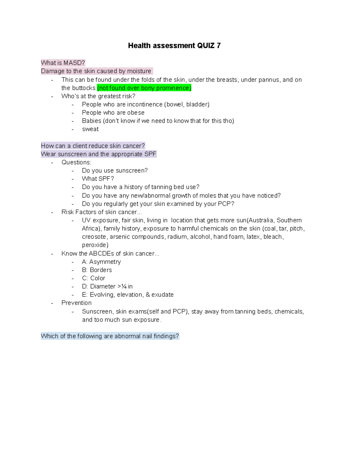 HA QUIZ #7 - Rebecca Claxton - Health assessment QUIZ 7 What is MASD ...