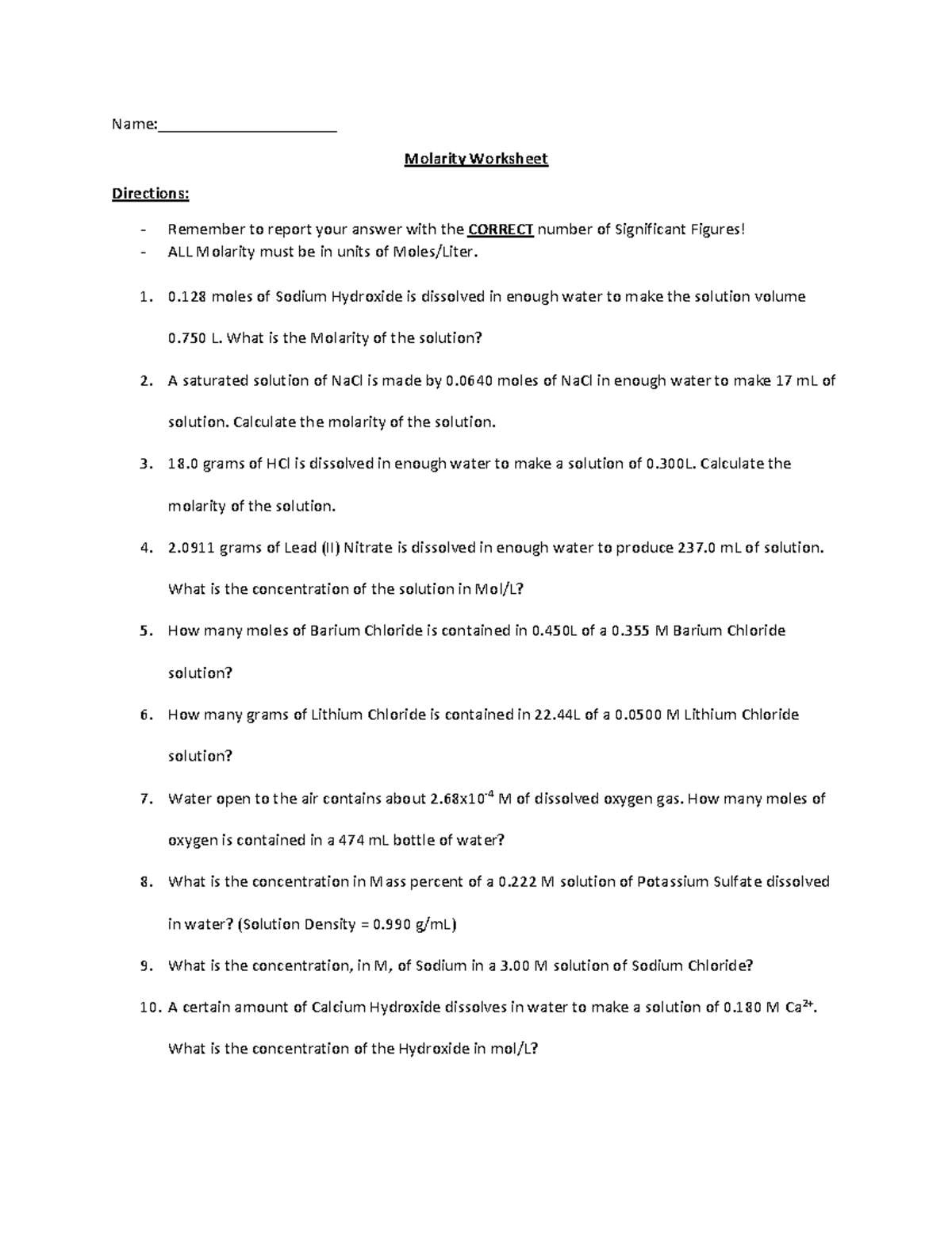 Molarity worksheet - Name:_____________________ Molarity Worksheet ...