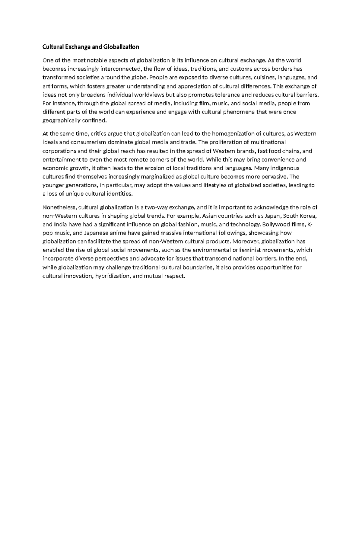 Cultural Exchange and Globalization - As the world becomes increasingly ...