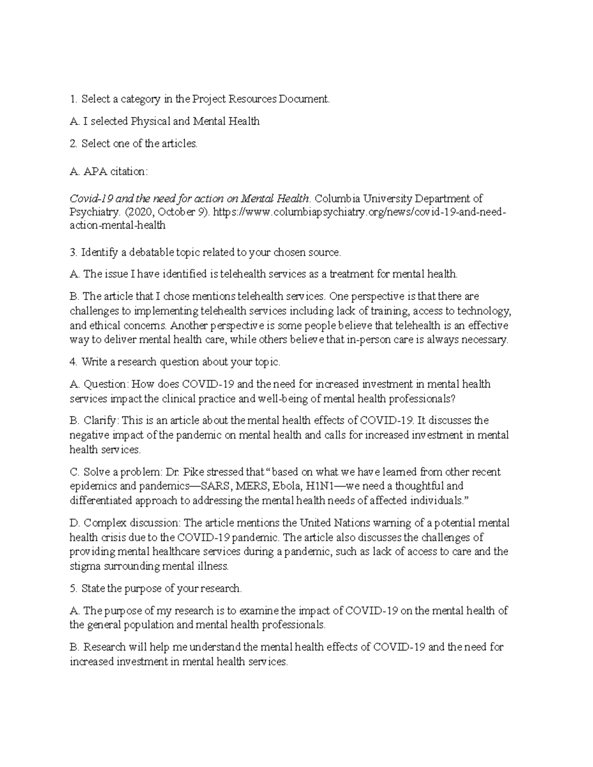 1-2 Assignment Research Question - Select a category in the Project Resources Document. A. I ...