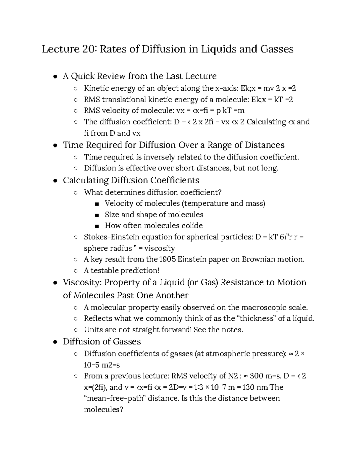 Biology 3550 Notes Lecture 20 10 21 - Lecture 20 Rates of Diffusion in ...