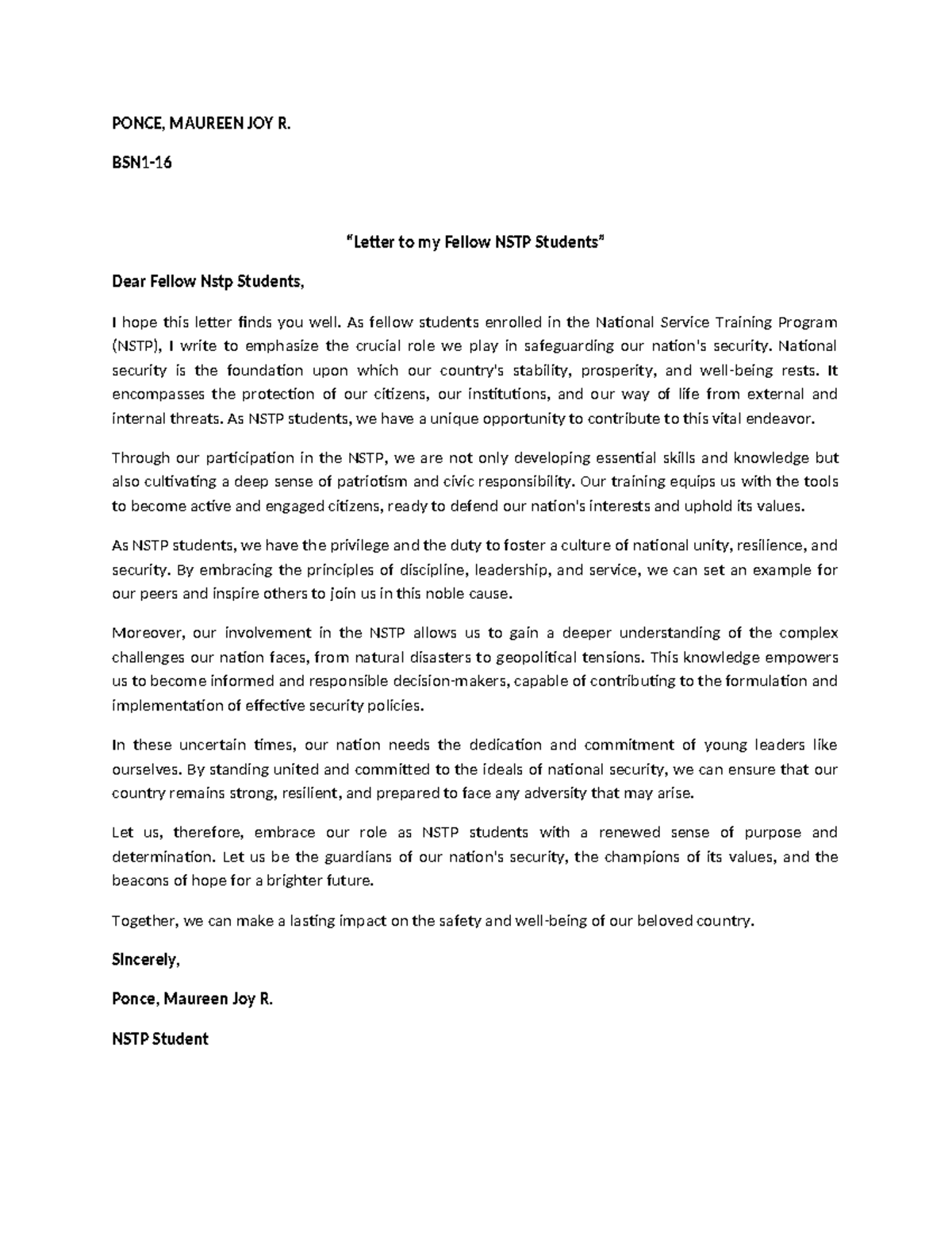 Letter TO MY Fellow NSTP Students - PONCE, MAUREEN JOY R. BSN1- “Letter ...