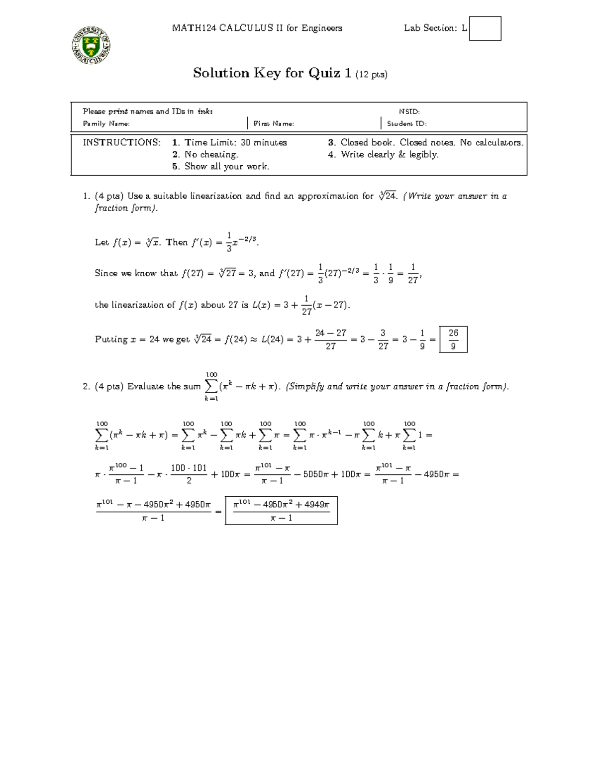 Quizzes 2013, answers - Solution keys for Quizzes 1-9 - MATH124 CALCULUS II for Engineers Lab ...