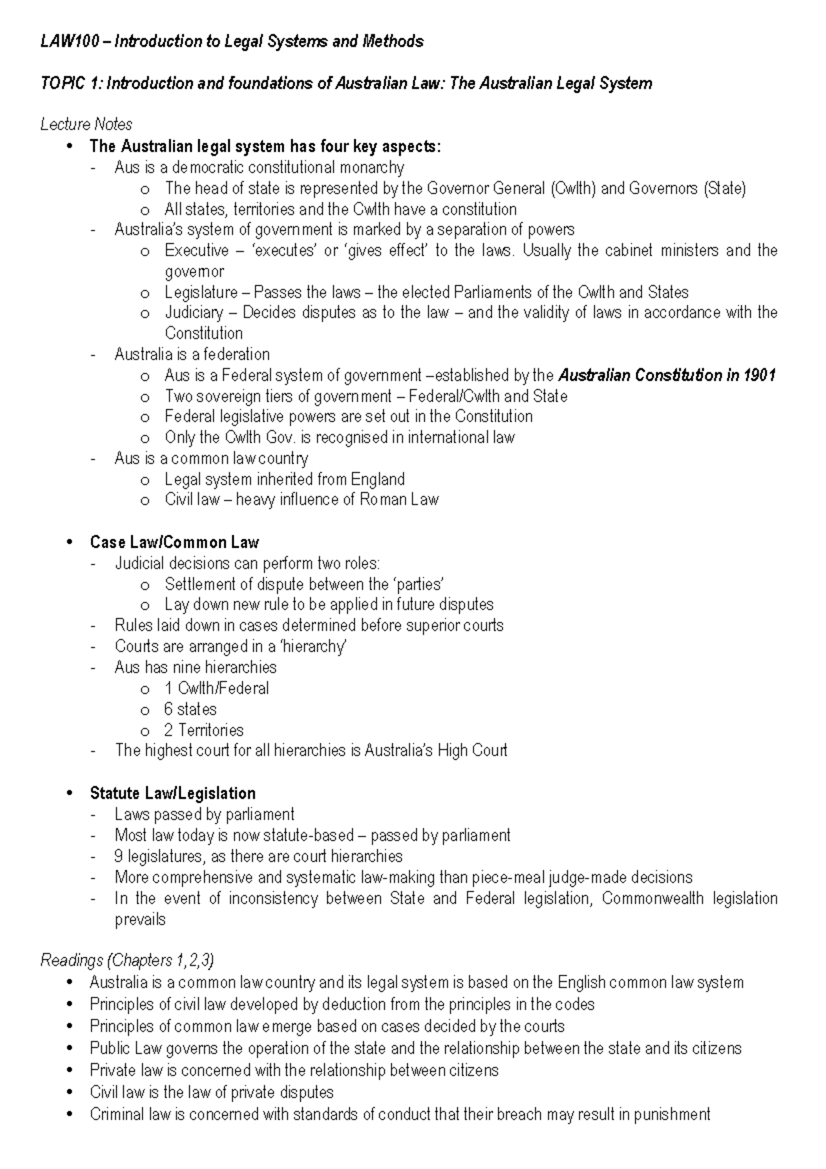 Law100 notes - LAW100 – Introduction to Legal Systems and Methods TOPIC ...