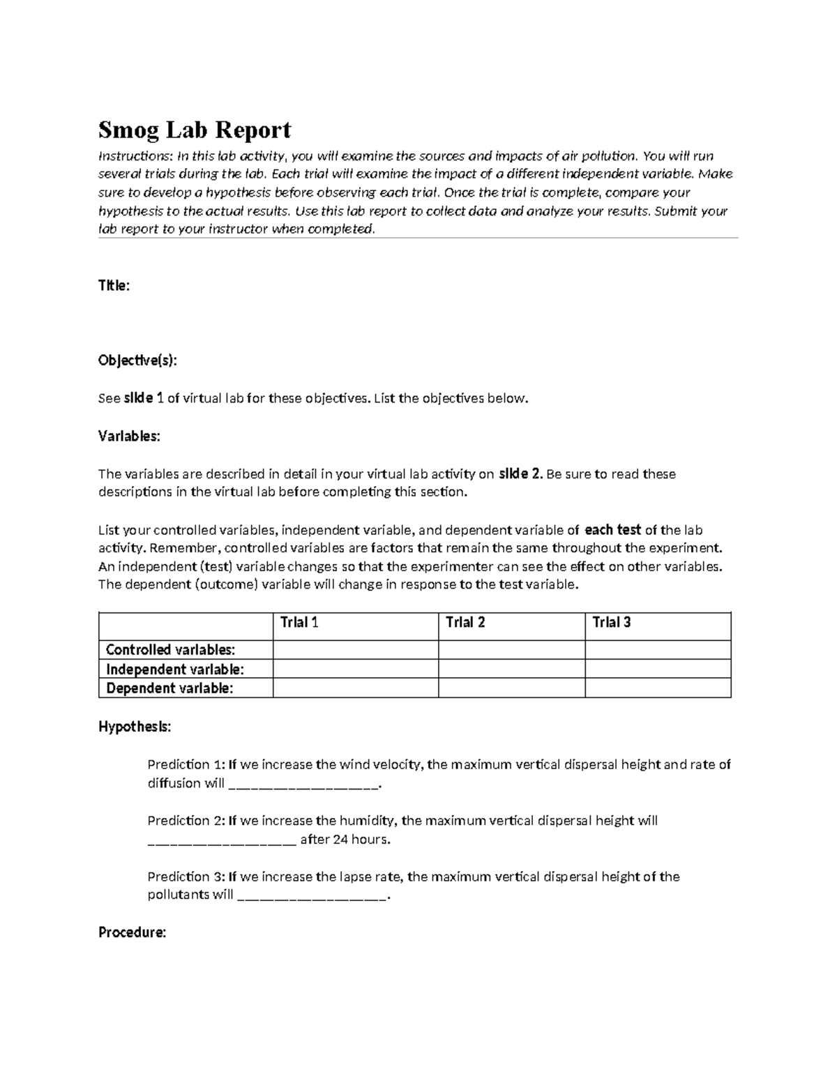Smog lab report - Smog Lab Report Instructions: In this lab activity ...