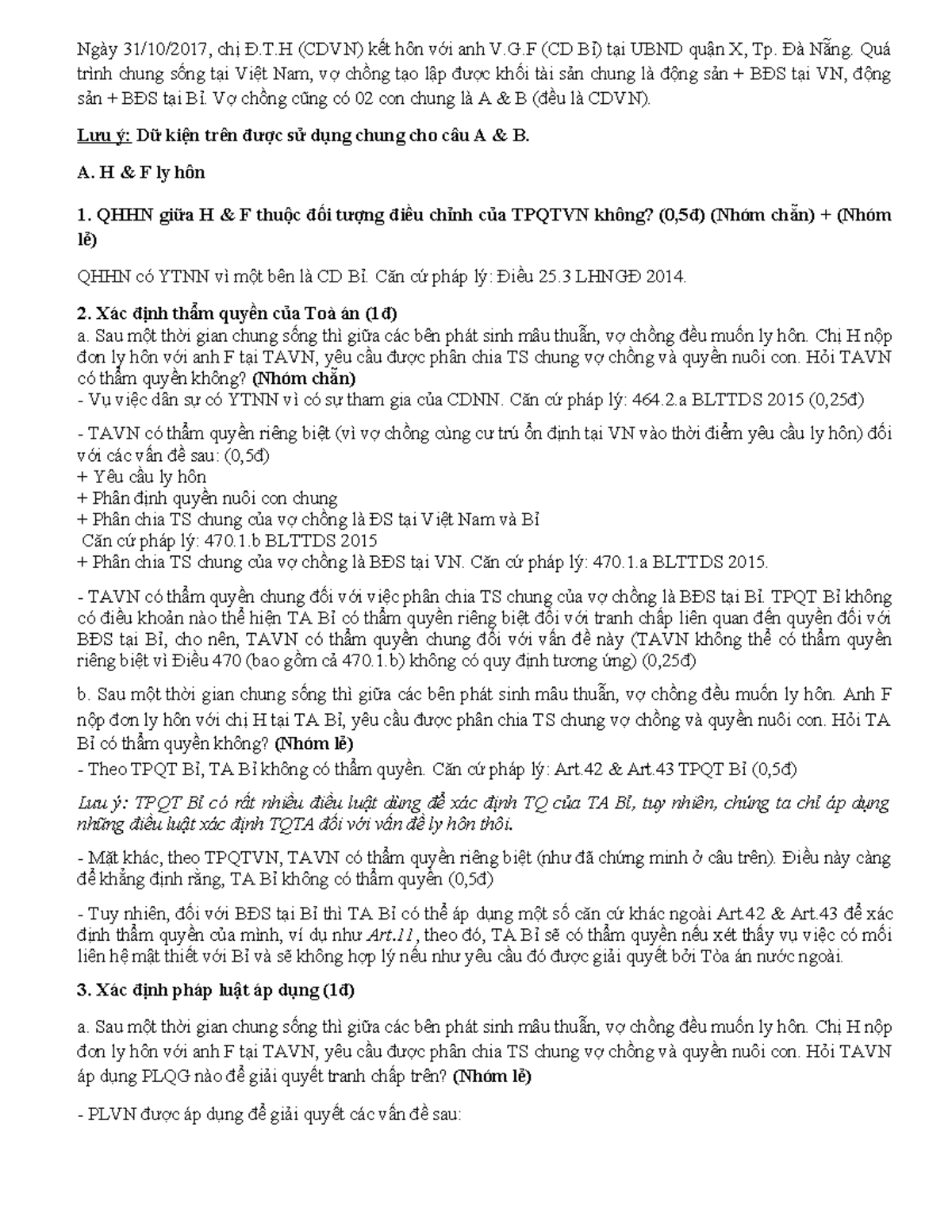 BÀI TẬP C4 ĐÁP ÁN - Ngày 31/10/2017, chị Đ.T (CDVN) kết hôn với anh V.G ...
