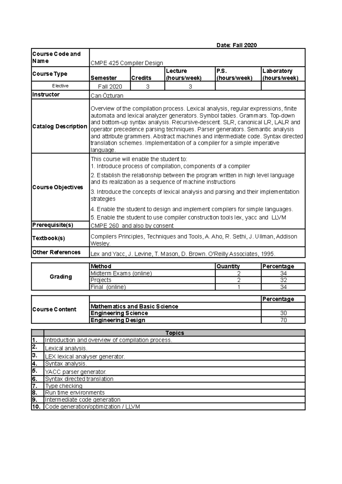 CMPE 425 Compiler Design - Semester Credits Lecture (hours/week) P ...