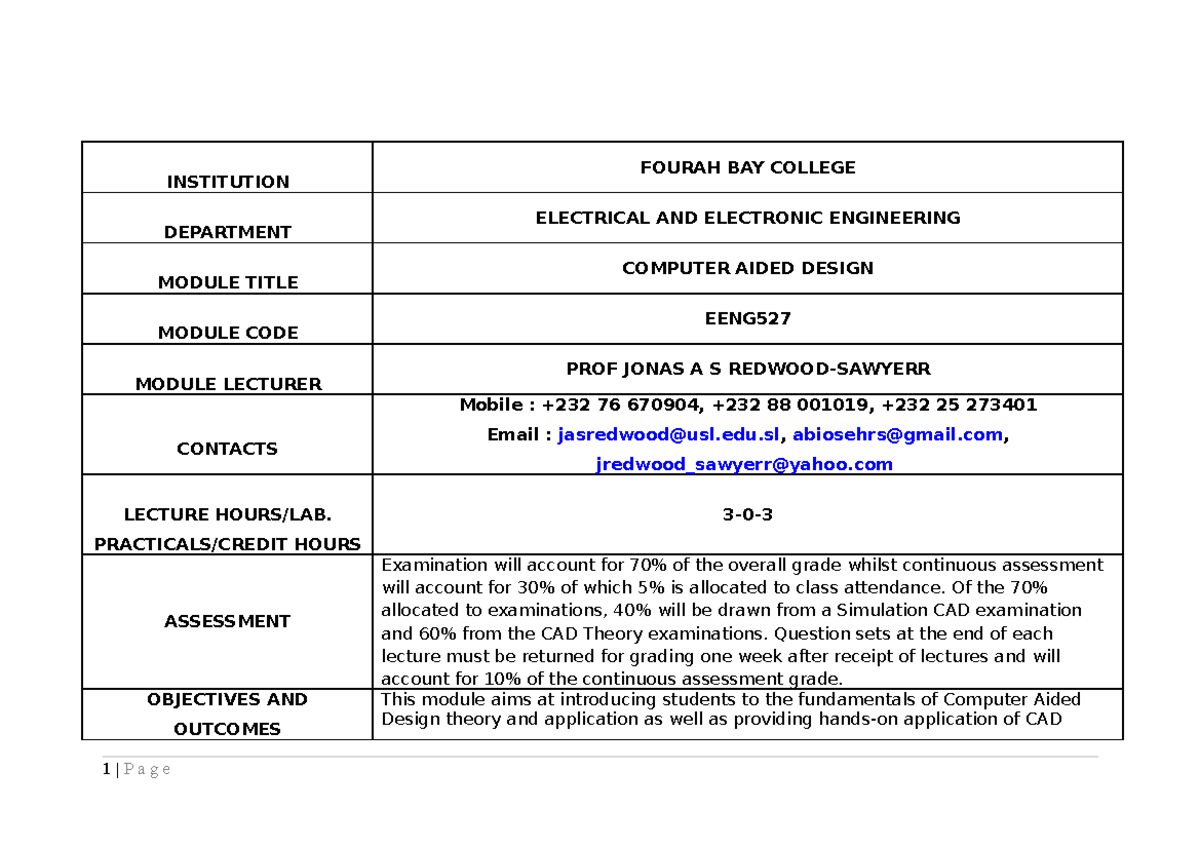 CAD EENG 527 Lecture Notes 06 and 07 - INSTITUTION FOURAH BAY COLLEGE ...