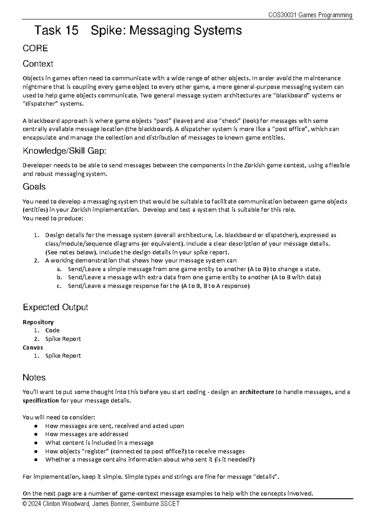 Task 15 Spike Messaging Systems - COS30031 Games Programming © 2024 ...