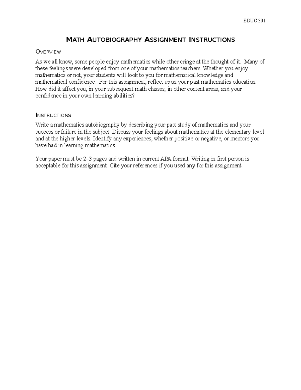Math Autobiography Assignment Instructions - EDUC 301 MATH ...