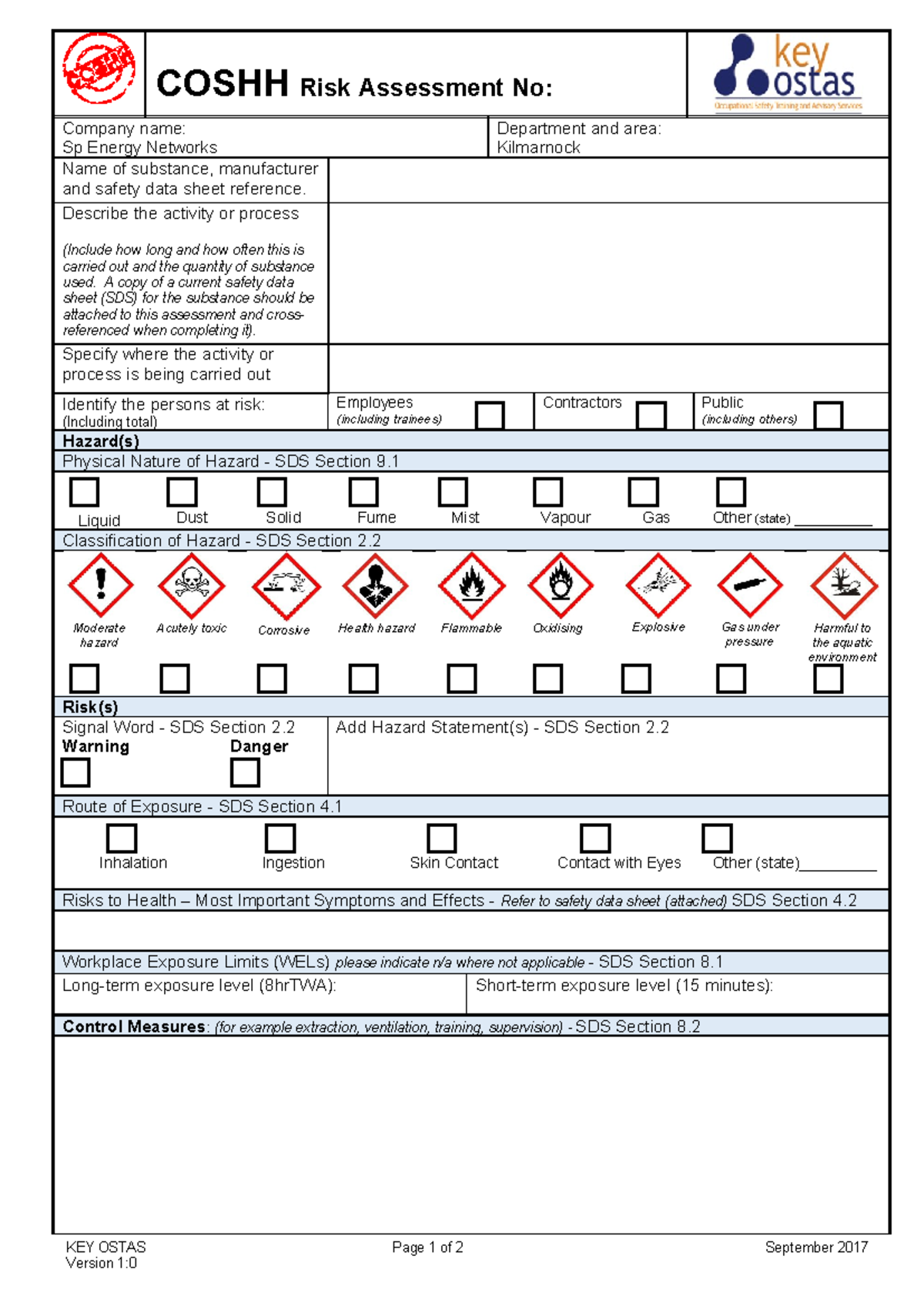 Coshh Assessment copy - COSHH Risk Assessment No: Company name: Sp ...