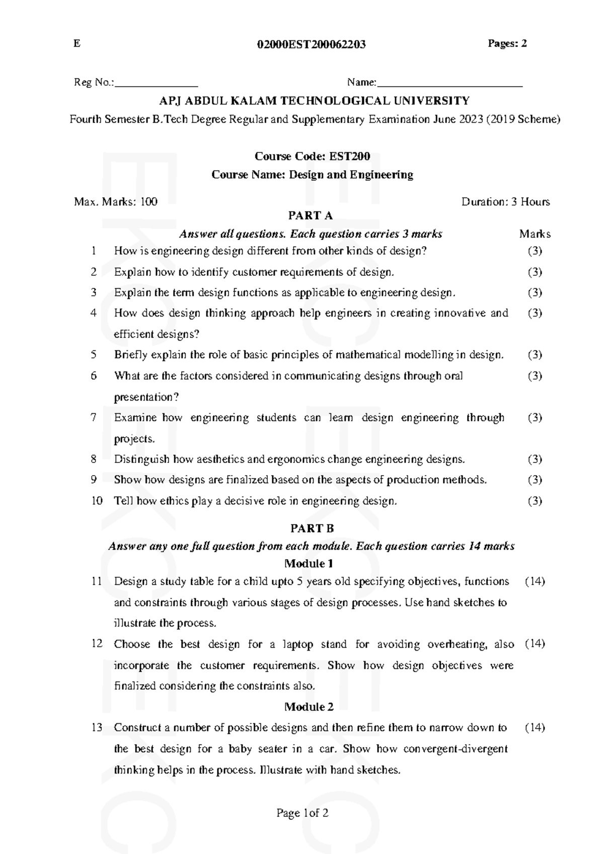 EST200-G - Page 1 of 2 02000EST Course Code: EST Course Name: Design ...