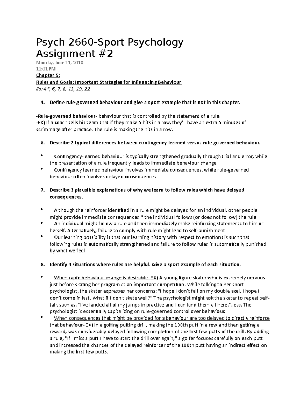 Psych 2660 Assignment #2 - Psych 2660-Sport Psychology Assignment #2 Monday, June 11, 2018 11:01 ...