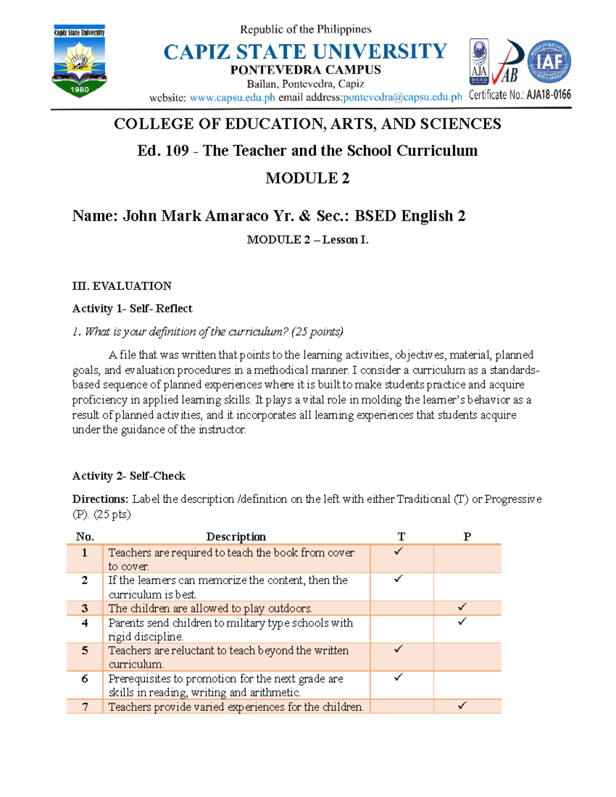 Ed 109 2 - jas - COLLEGE OF EDUCATION, ARTS, AND SCIENCES Ed. 109 - The ...