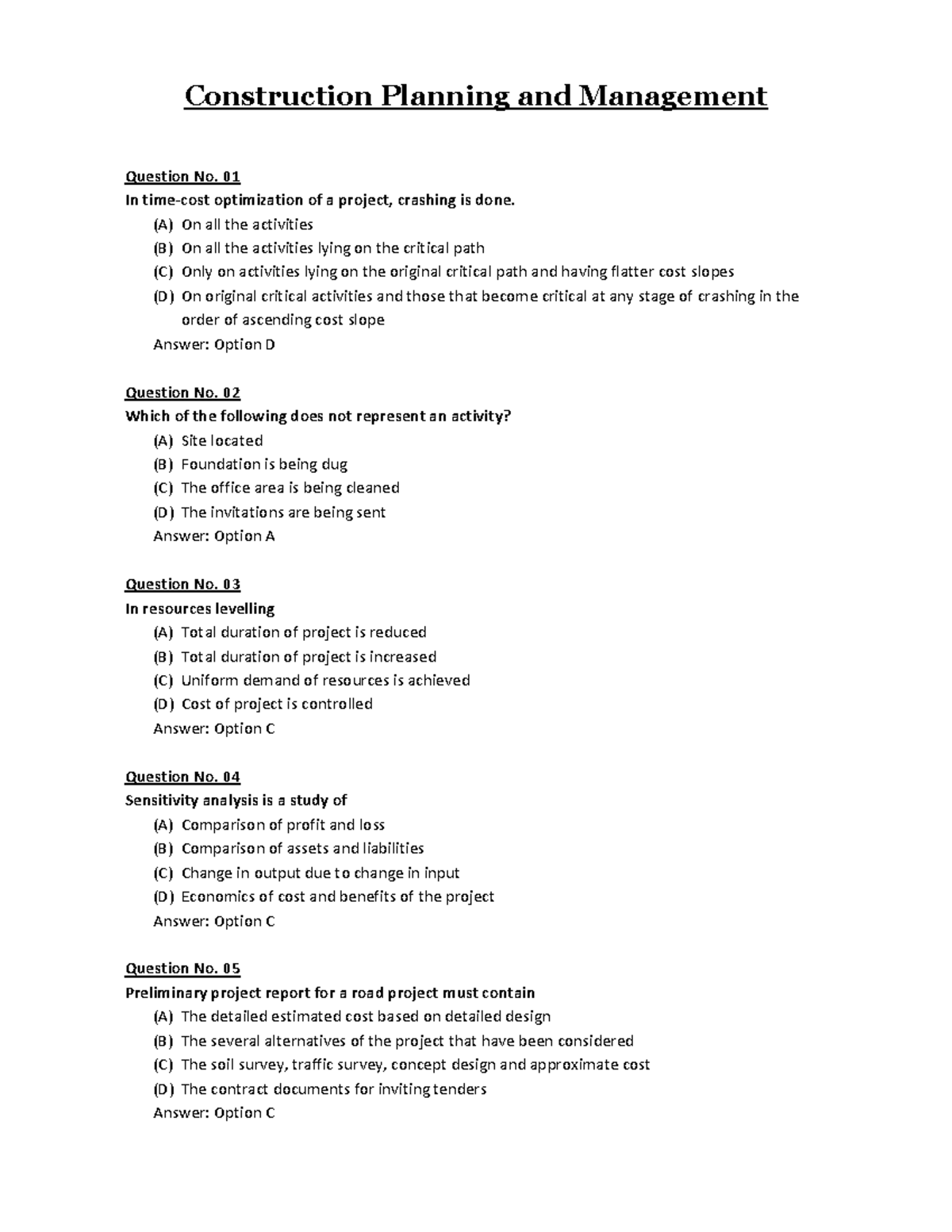 Cpm - Construction Planning and Management Question No. 01 In time-cost ...