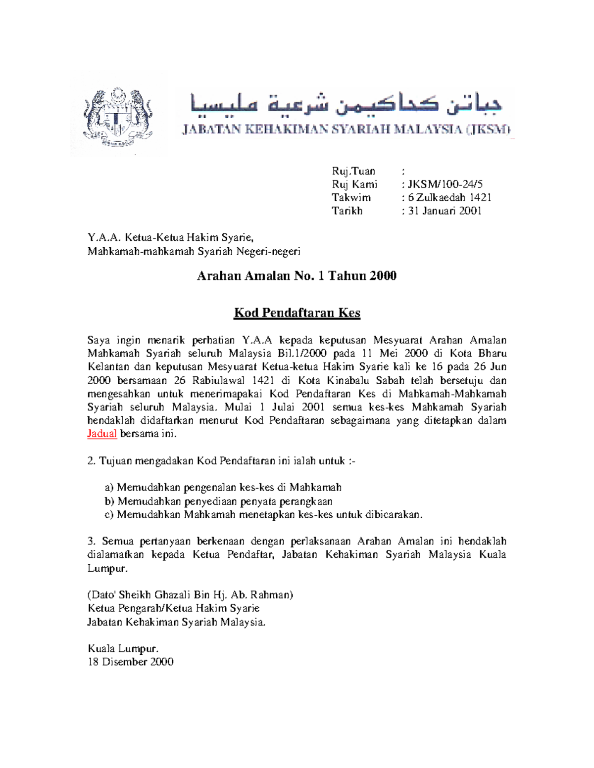 JKSM - ARAHAN AMALAN NO. 1 TAHUN 2000 - Ruj : Ruj Kami : JKSM/100-24/ Takwim : 6 Zulkaedah 1421 ...